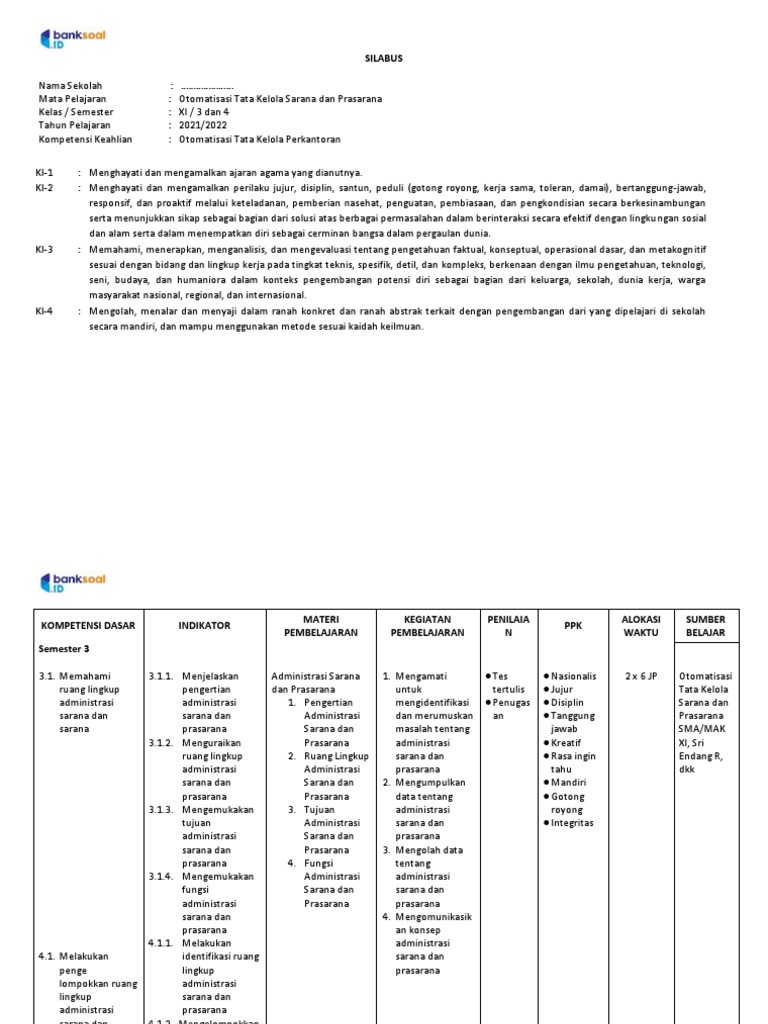 Silabus Otk Sarpras Kelas 11 Tahun 2021 2022 | PDF