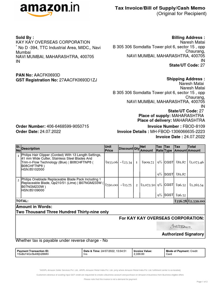 Tax Invoice/Bill of Supply/Cash Memo: (Original For Recipient) | PDF ...