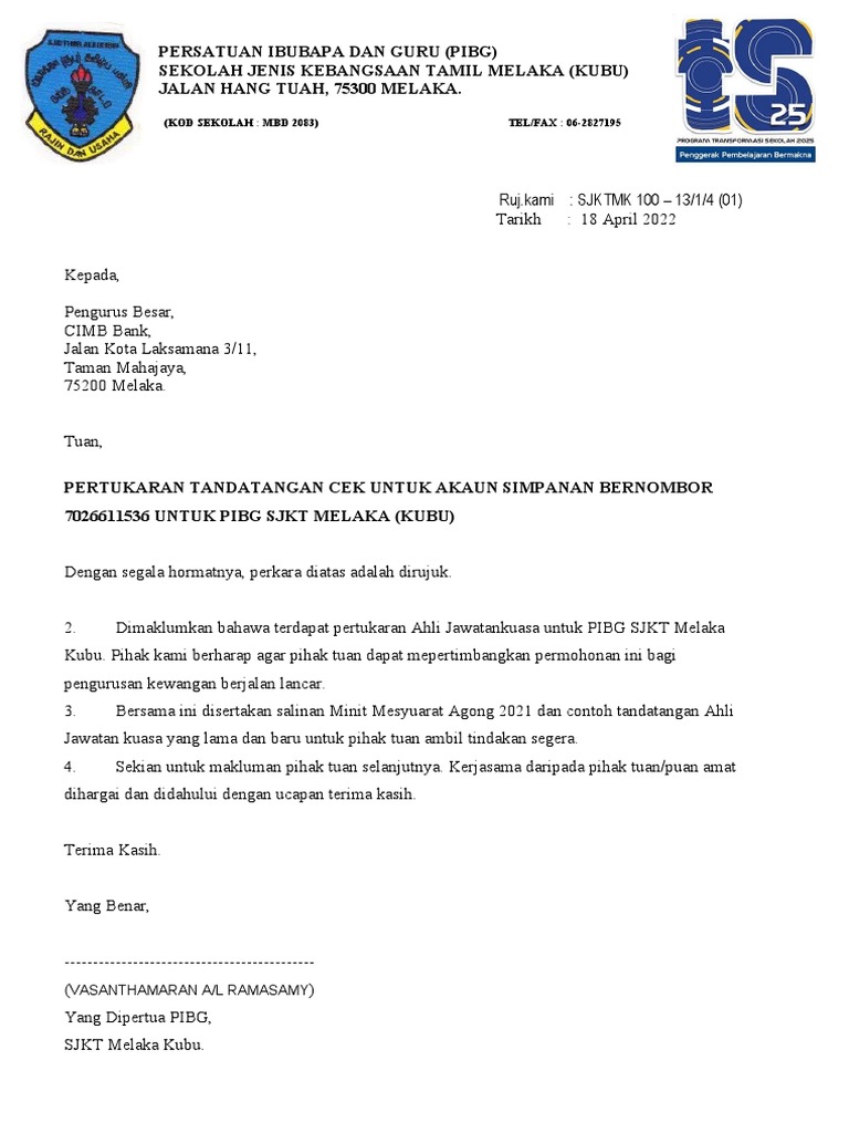 Contoh Surat Pertukaran Akaun Bank Pibg | PDF Contoh Surat Pertukaran Akaun Bank Pibg | PDF