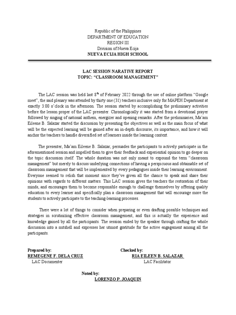 Classroom Management LAC Session Report | PDF | Classroom Management ...