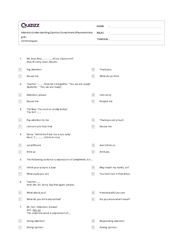 Placement Test Questions | PDF