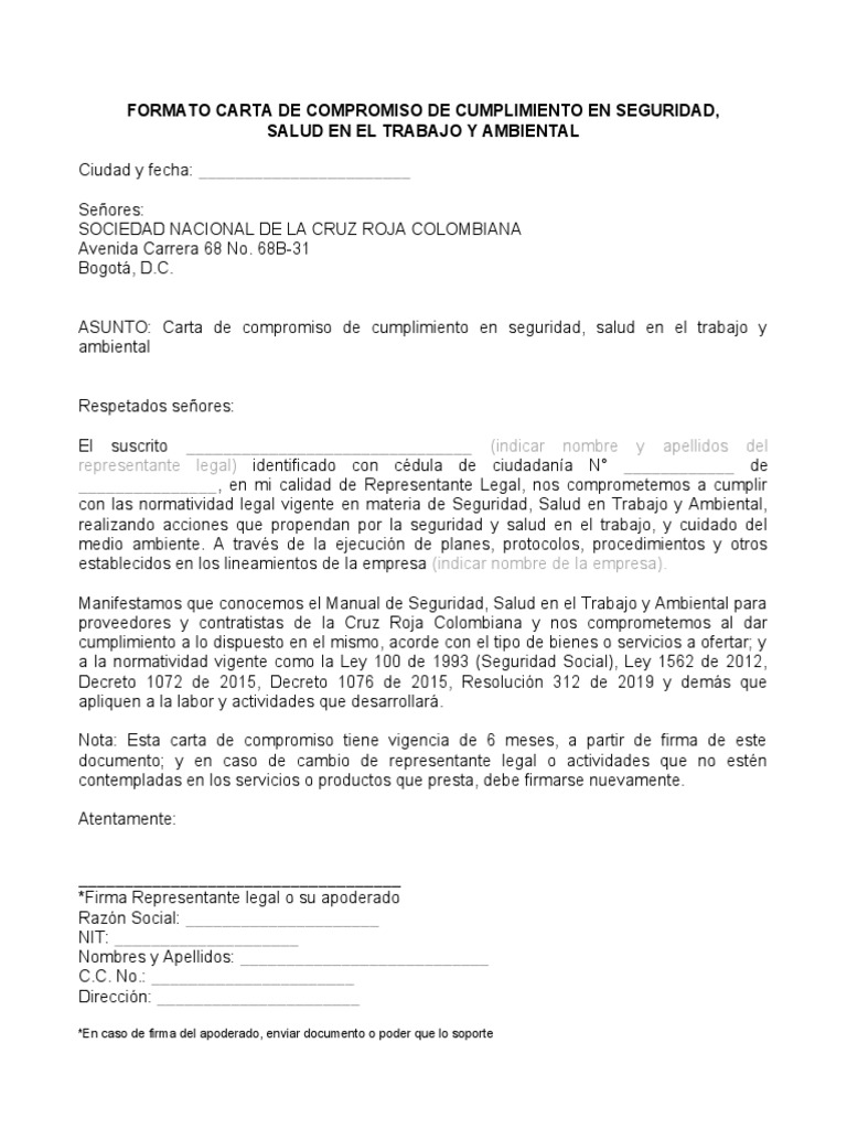 Carta Compromiso Seguridad y Salud | PDF | Negocios | Finanzas y dinero