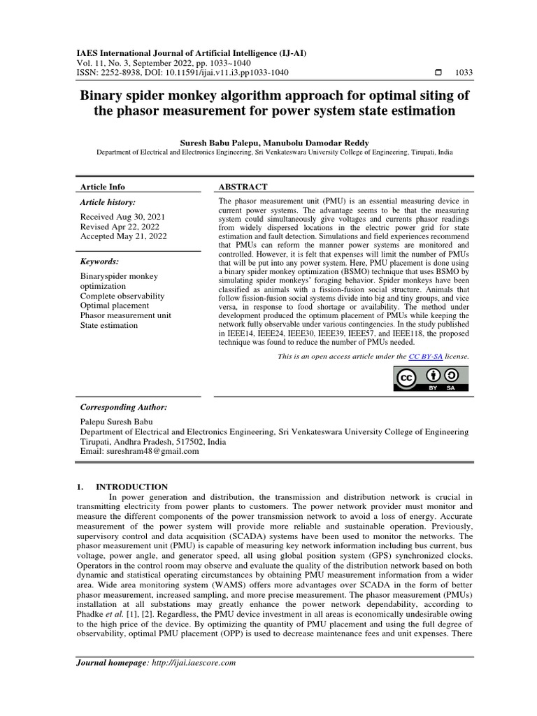 Binary Spider Monkey Algorithm Approach For Optimal Siting of The Phasor Measurement For Power ...