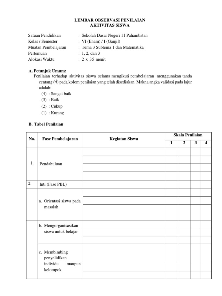 Lembar Observasi Penilaian Siswa | PDF