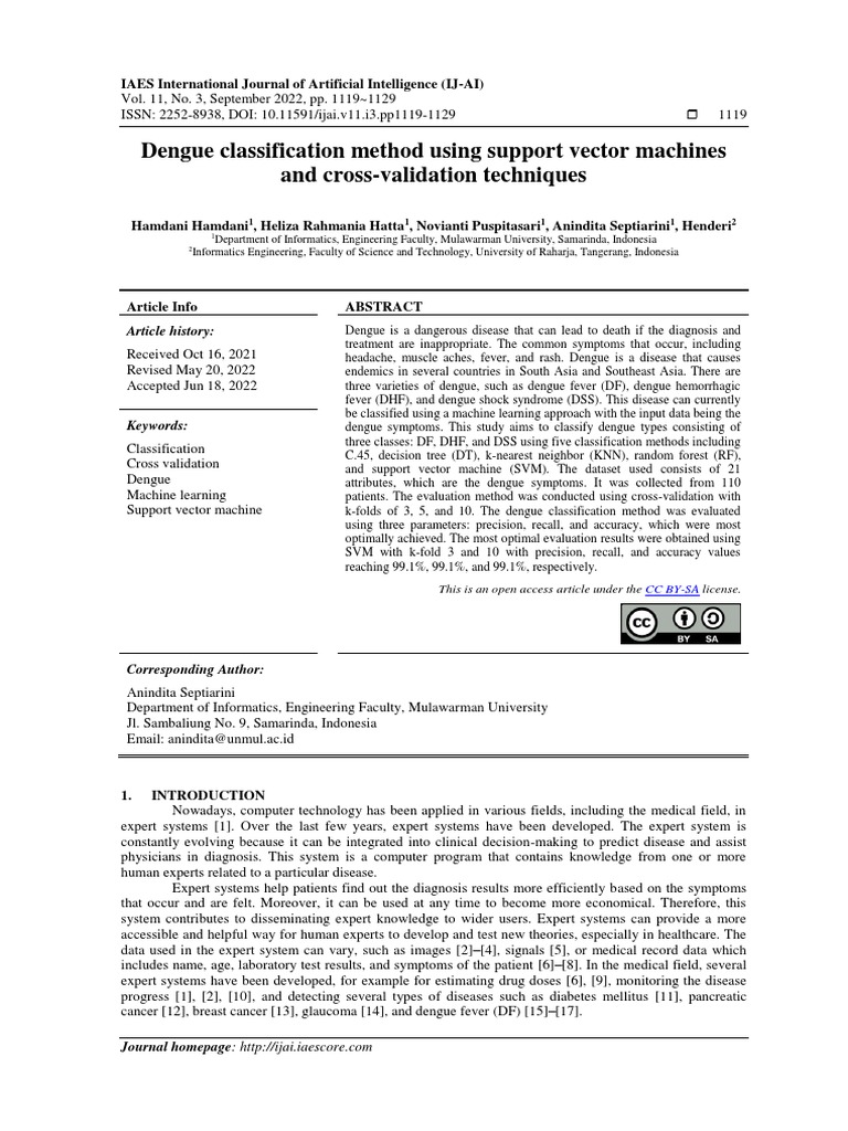 Dengue Classification Method Using Support Vector Machines and Cross-Validation Techniques | PDF ...
