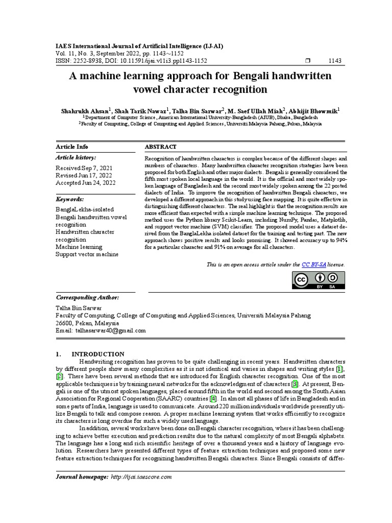 A Machine Learning Approach For Bengali Handwritten Vowel Character