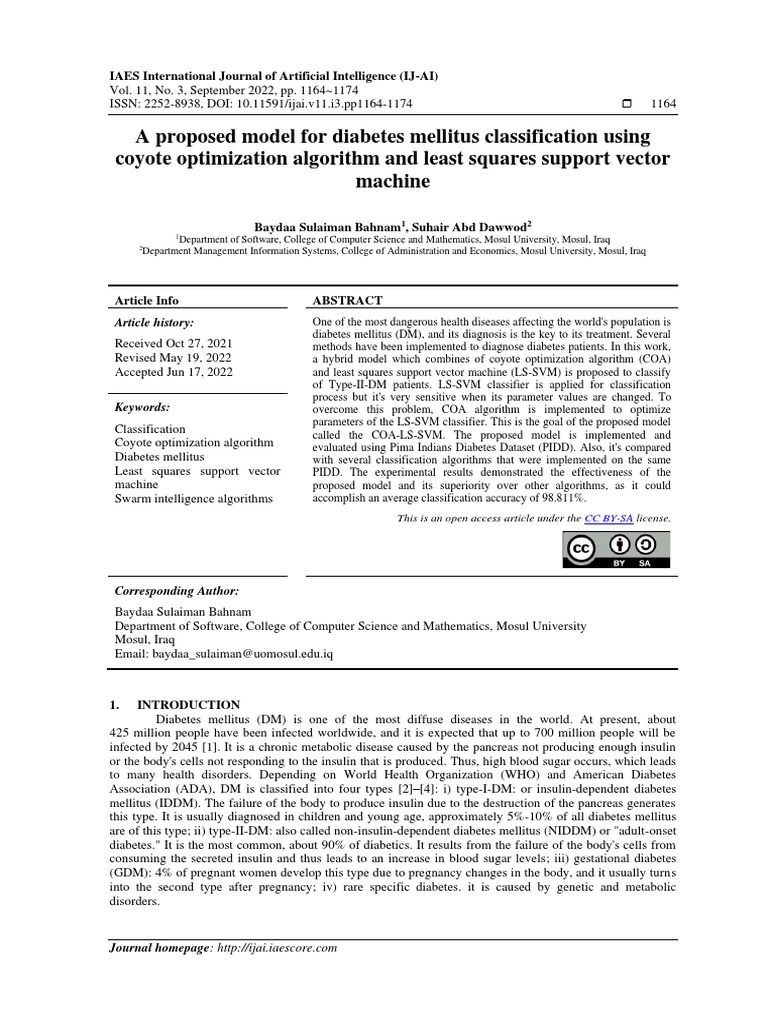 A Proposed Model For Diabetes Mellitus Classification Using Coyote Optimization Algorithm And