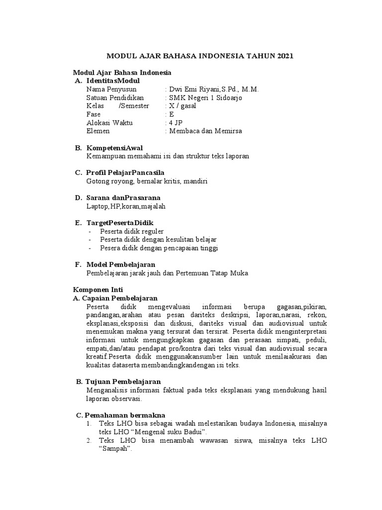 Modul Ajar Bahasa Indonesia 2021 | PDF