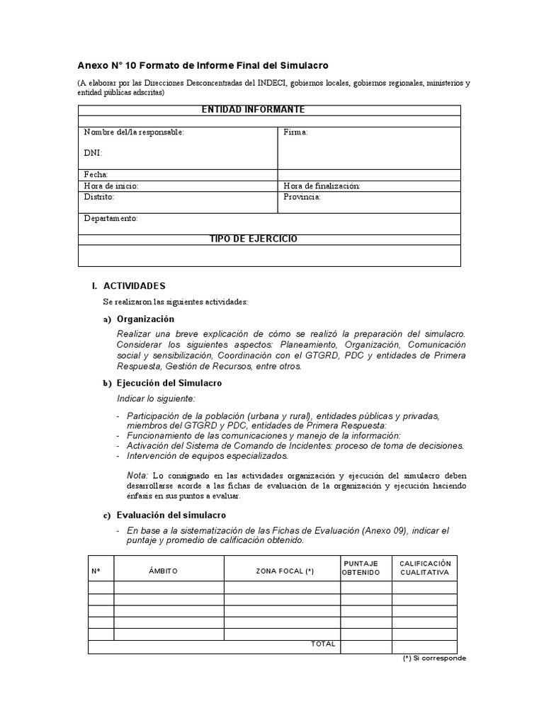 Anexo #10 - Formato de Informe Final Del Simulacro | PDF | Tecnología