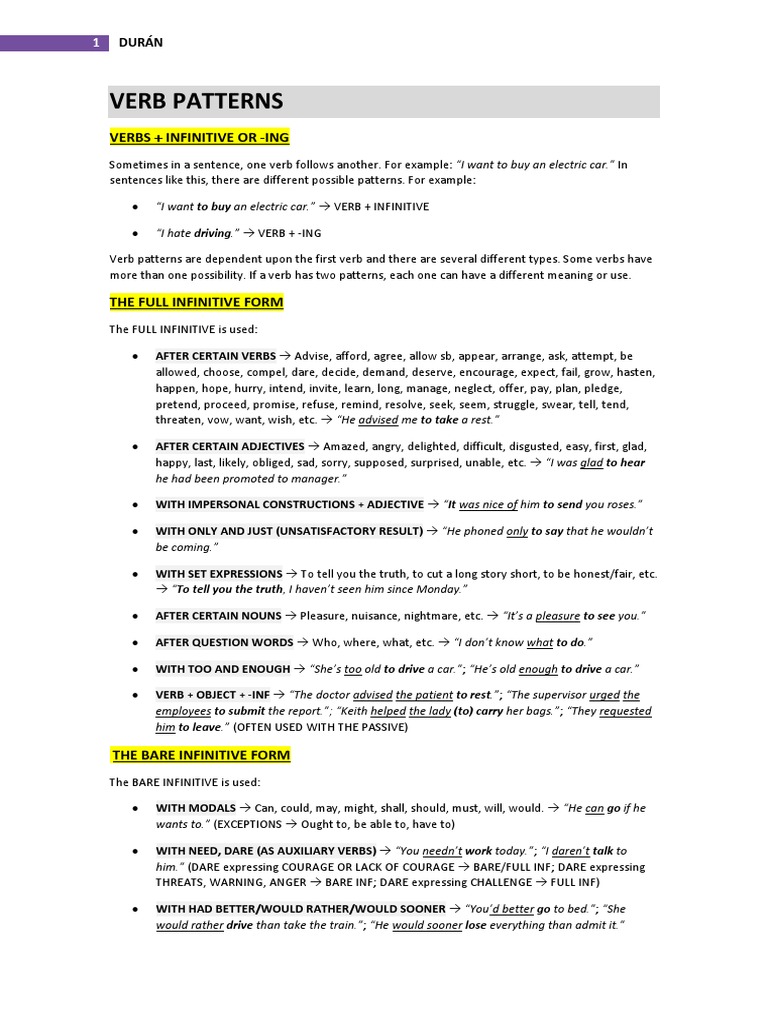 Verb Patterns: Infinitive vs. -ING | PDF | Verb | Clause