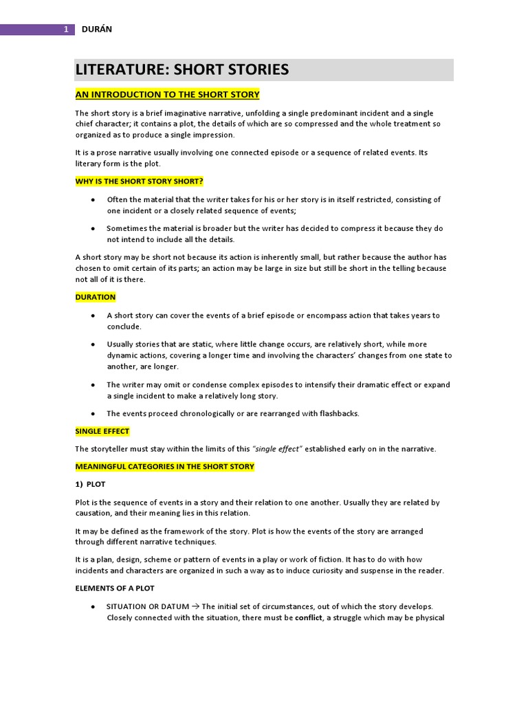 Literature - Short Stories Test 1 | PDF | Narration