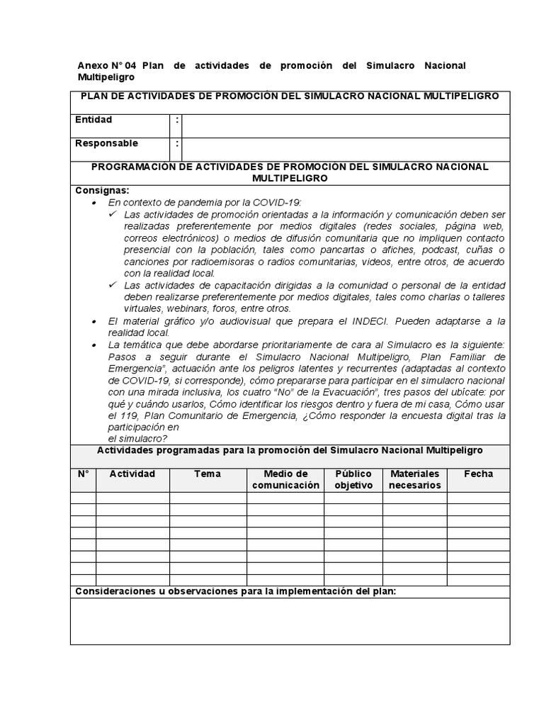 Anexo #04 - Plan de Actividades de Promoción Del Simulacro Nacional Multipeligro | PDF