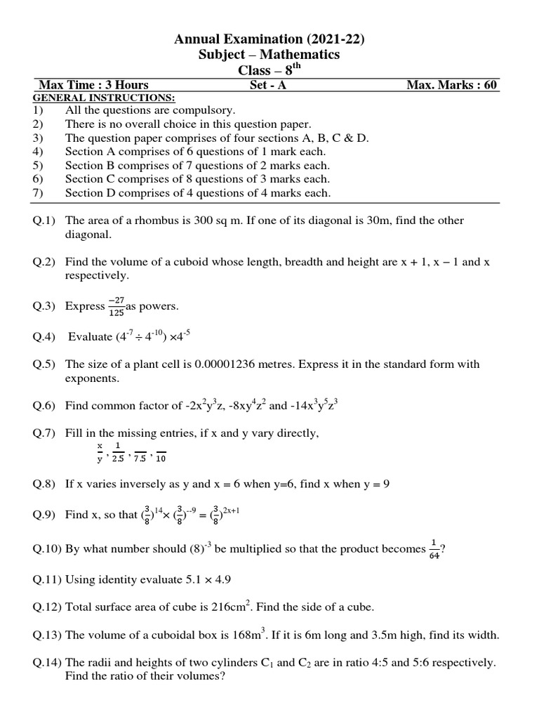 Class 8 Maths Annual Exam Paper 2021 | PDF | Volume | Metrology