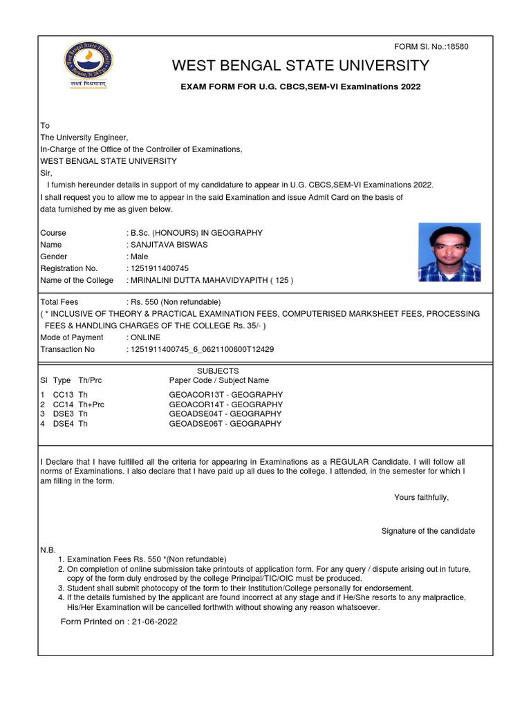 West Bengal State University: EXAM FORM FOR U.G. CBCS, SEM-VI Examinations 2022 | PDF