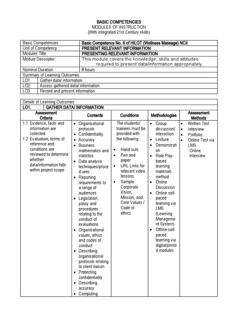 Hilot Wellness Massage Competencies | PDF | Evaluation | Information