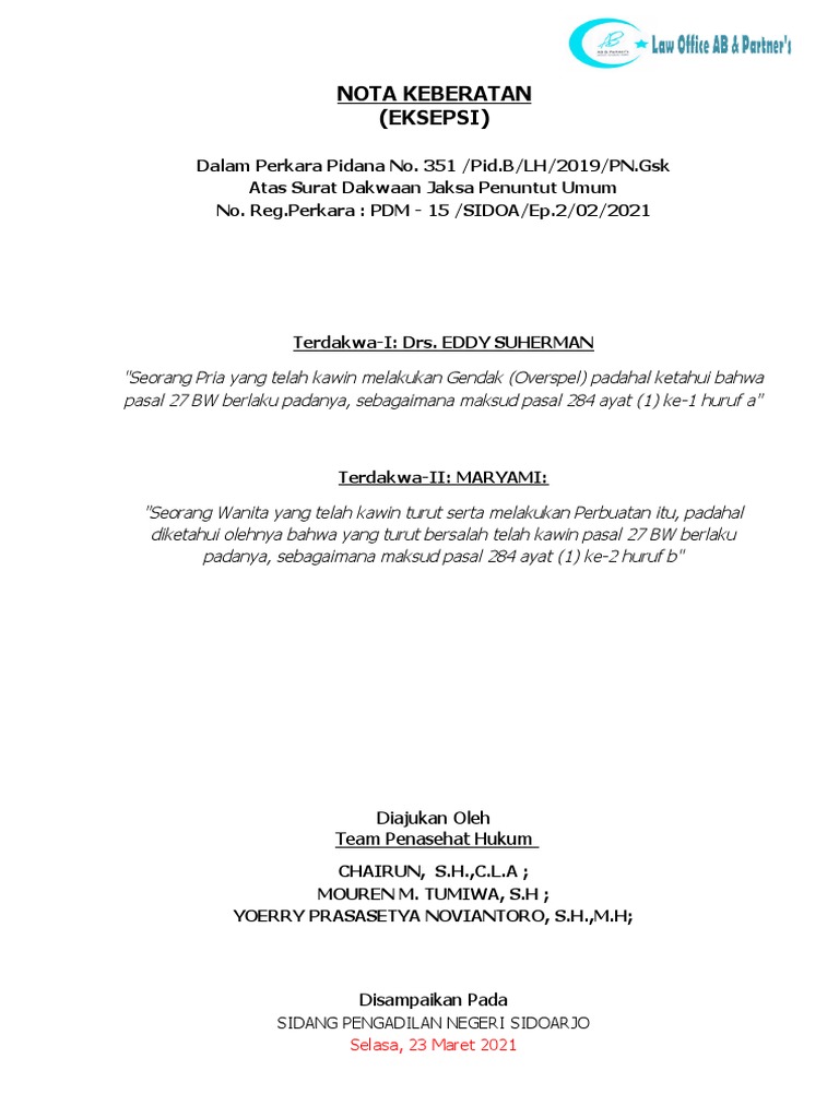 Nota Keberatan Eksepsi Perzinahan | PDF