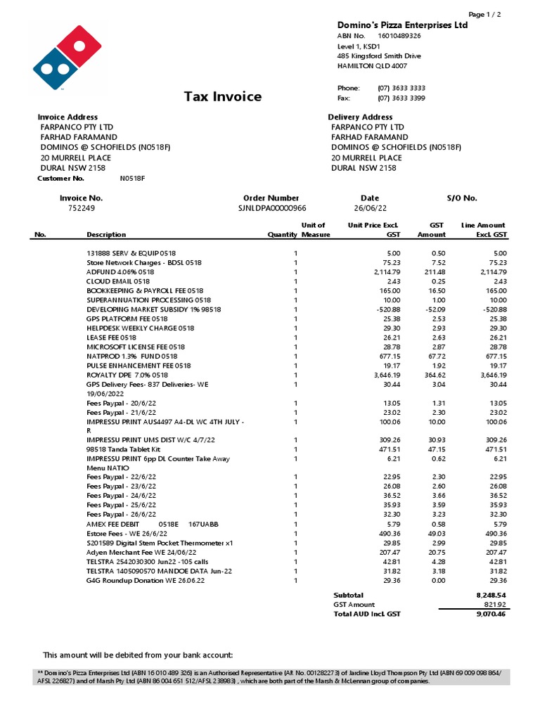 Domino - S Pizza Enterprises LTD - Invoice 752249 27-06-22 | PDF | Fee ...