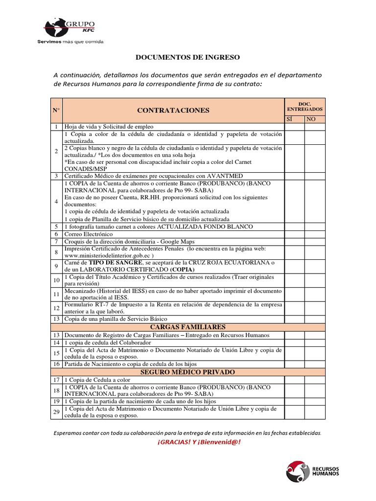 Checklist Documentos de Ingreso | PDF | Certificado de nacimiento