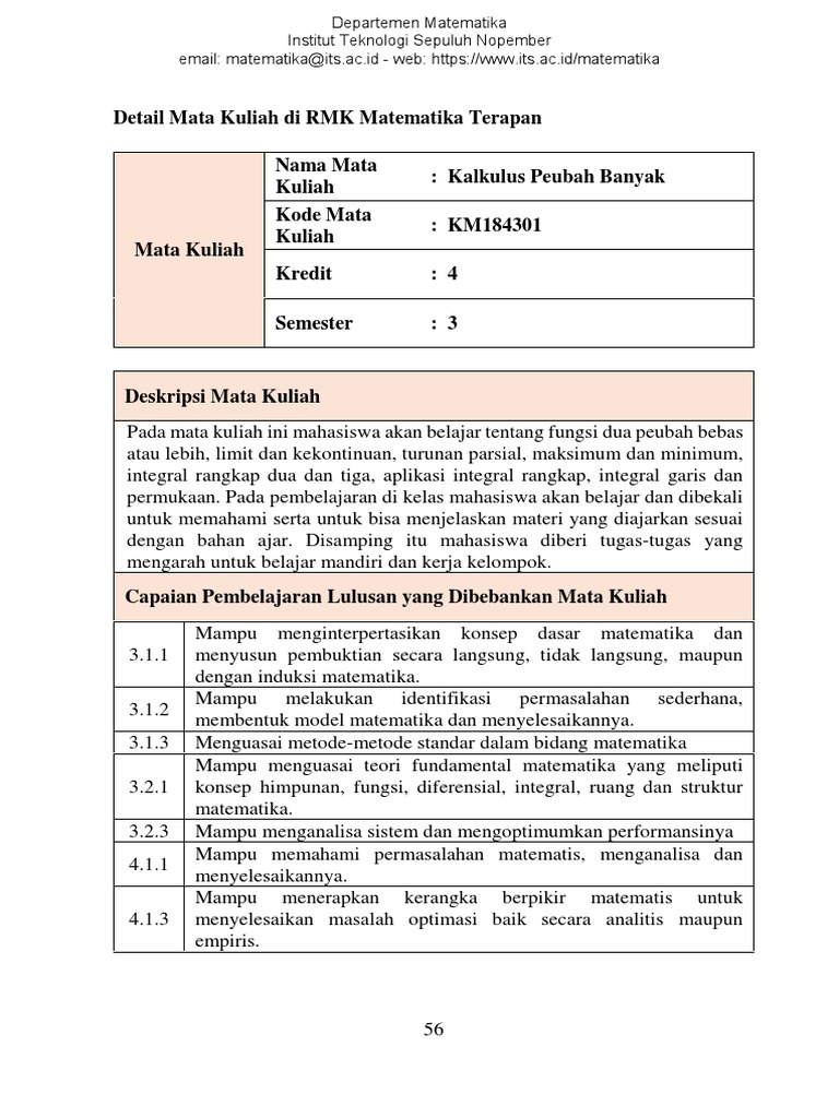 Kalkulus Peubah Banyak Its Detail Mata Kuliah Pdf Metode Bahan