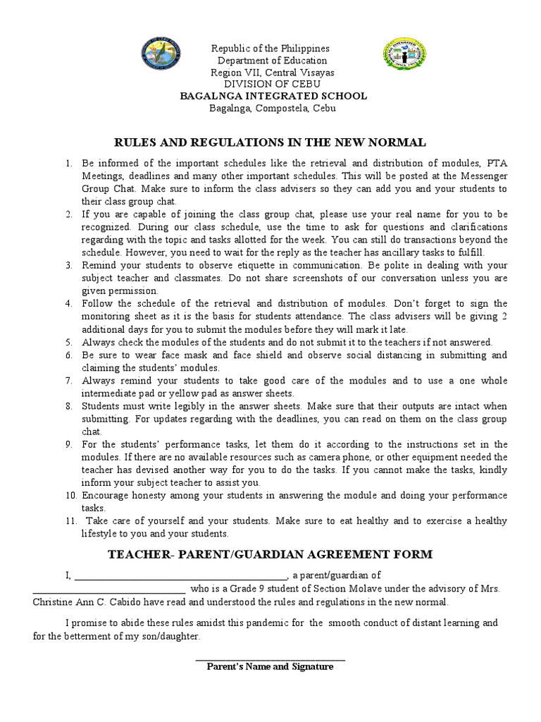 Rules and Regulations in The New Normal: - Parent's Name and Signature ...