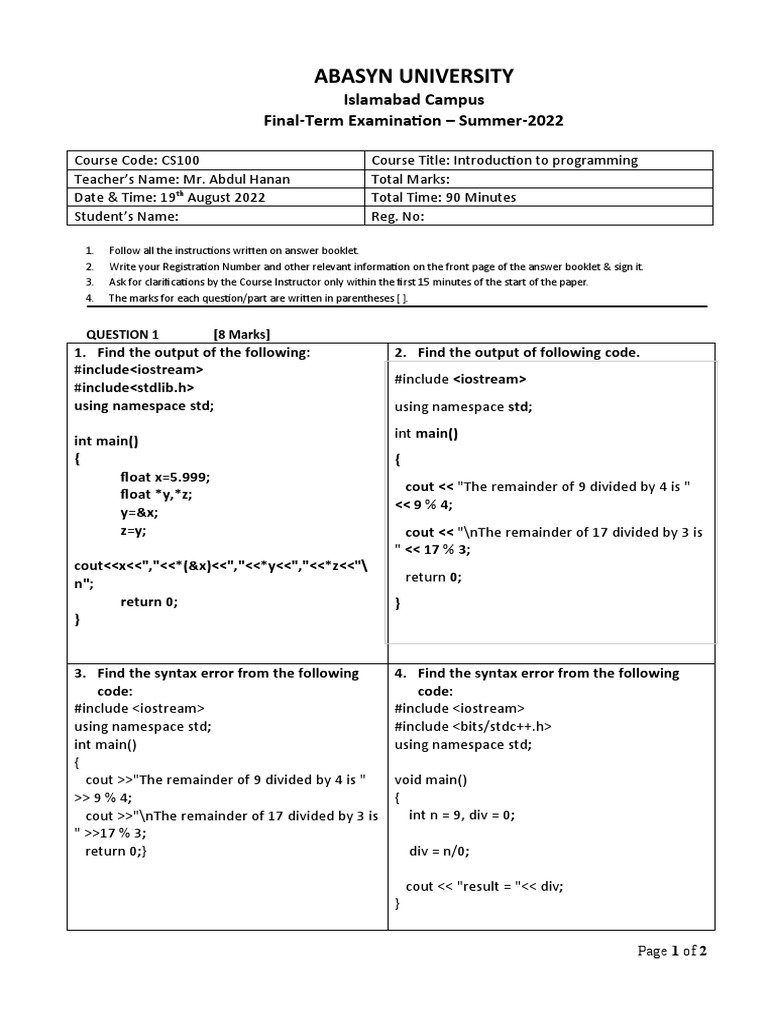 Abasyn University: Islamabad Campus Final-Term Examination - Summer ...