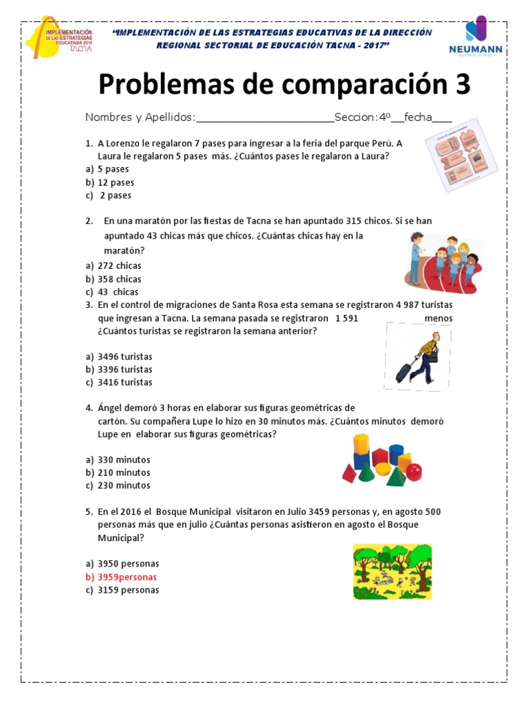 Problemas Matemáticos de Comparación Tacna 2017 | PDF