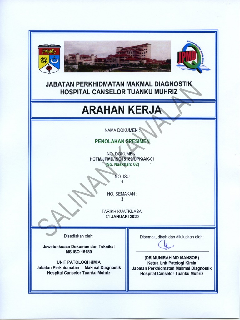 Arahan Kerja AK-01 Penolakan Spesimen | PDF