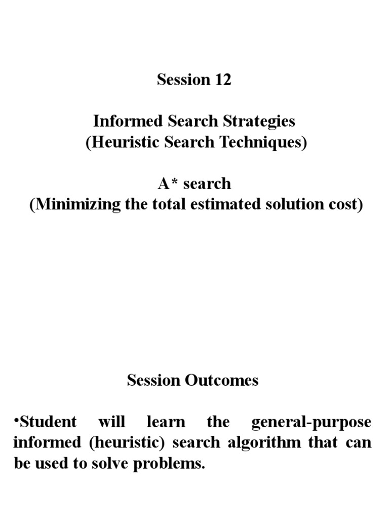 Session 12 Informed Search Strategies (Heuristic Search Techniques) A Search (Minimizing The ...