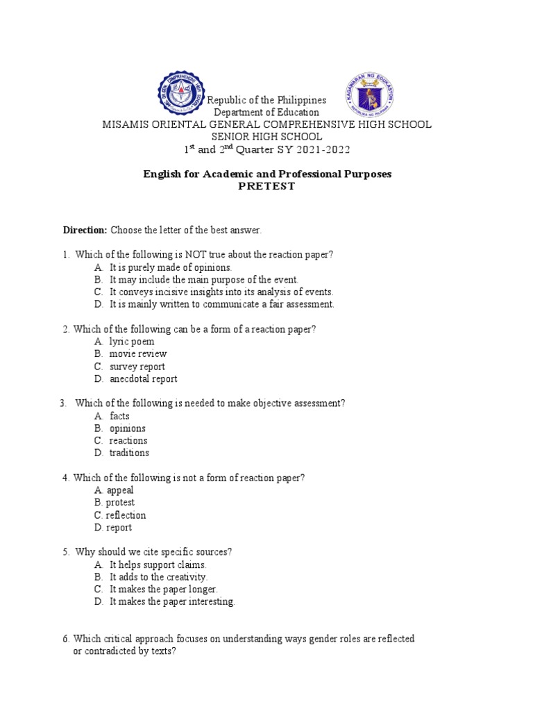 English For Academic and Professional Purposes Pretest: ST ND | PDF ...