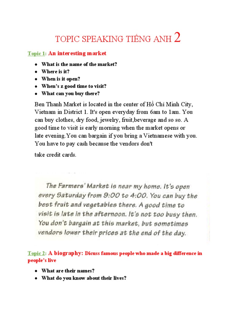 Topic Speaking Tiếng Anh 2 | PDF