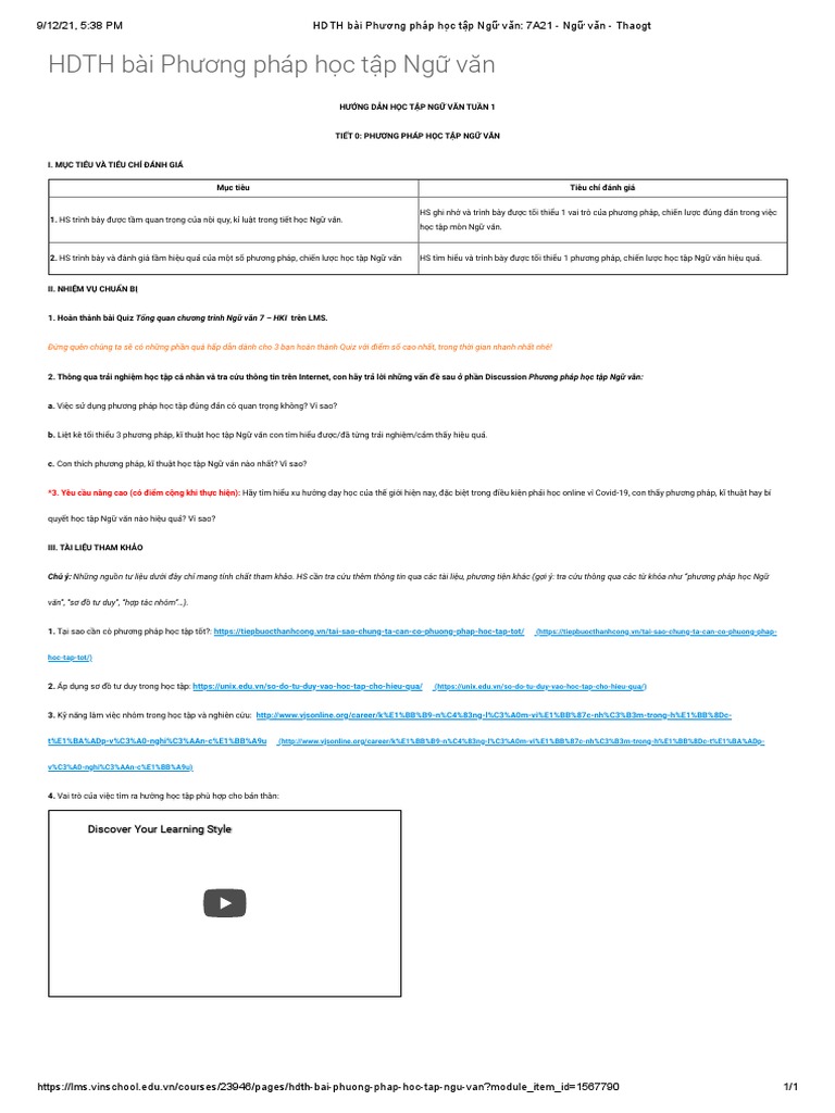 HDTH bài Phương pháp học tập Ngữ văn - 7A21 - Ngữ văn - Thaogt | PDF