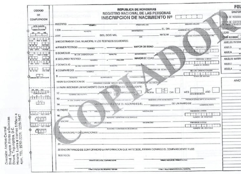 Ejemplo de La Copia Del Folio de Nacimiento Hondureno | PDF