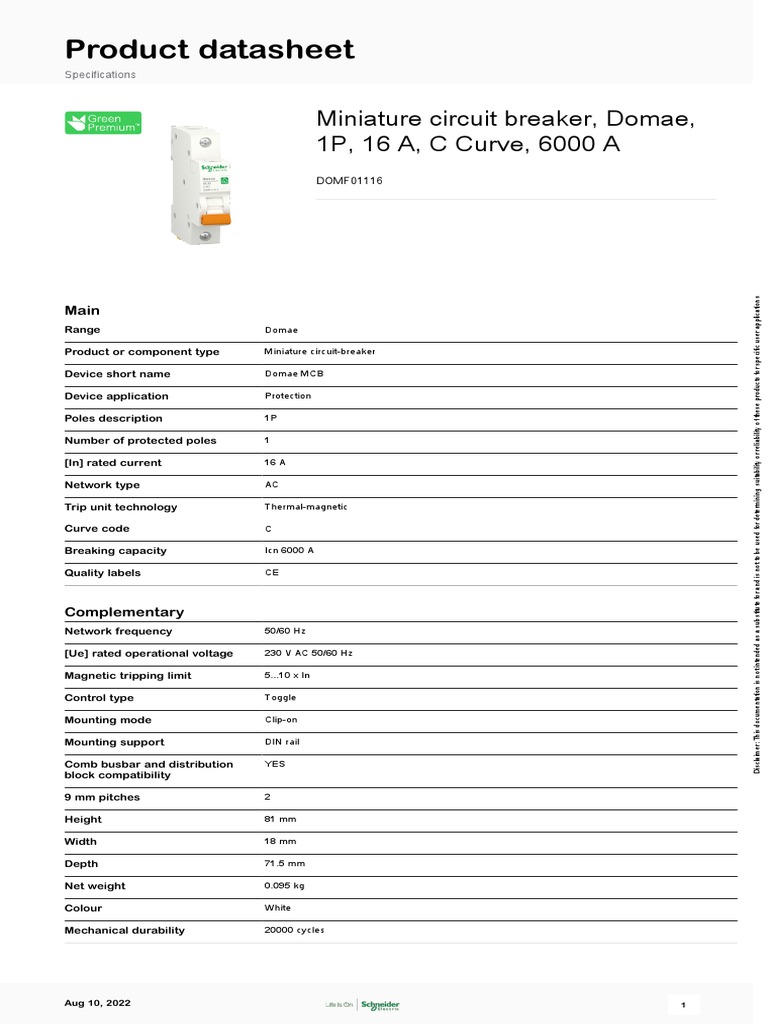 Product Datasheet: Miniature Circuit Breaker, Domae, 1P, 16 A, C Curve ...