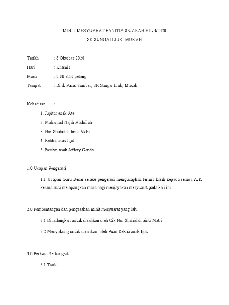 Minit Mesyuarat Panitia Sejarah Bil 3-2020 | PDF