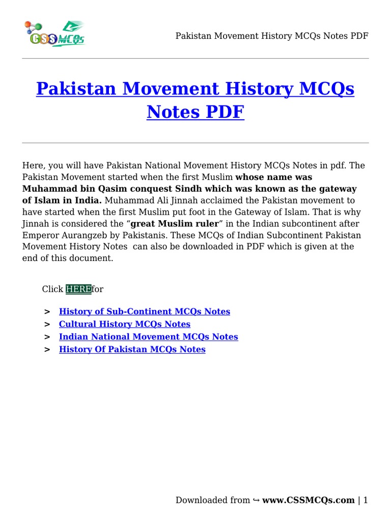 Pakistan Movement History MCQs Notes PDF | PDF | Muhammad Ali Jinnah ...