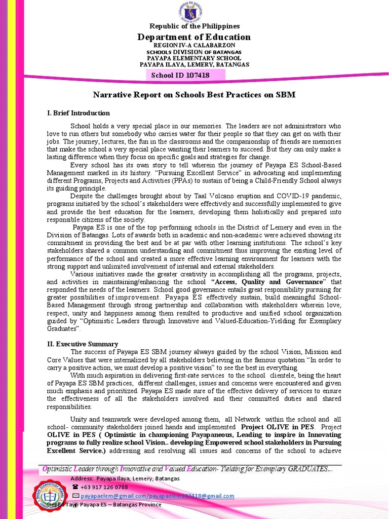 Department of Education: Narrative Report On Schools Best Practices On ...