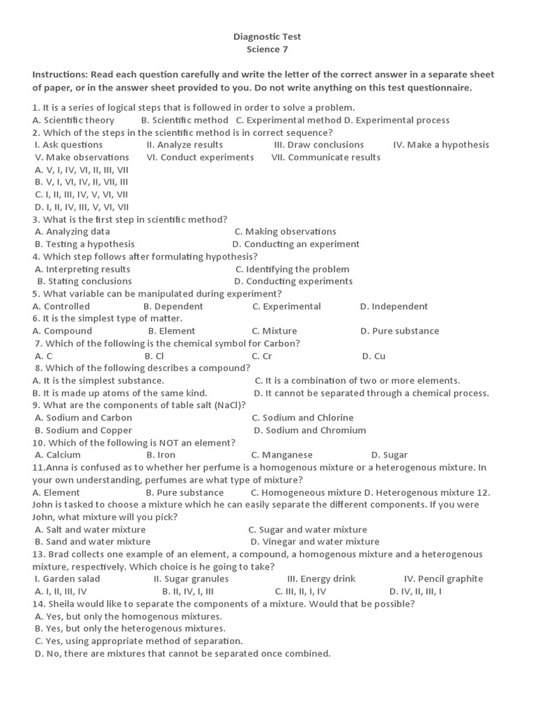 Diagnostic Test Science 7 Science8 | PDF | Mixture | Series And ...