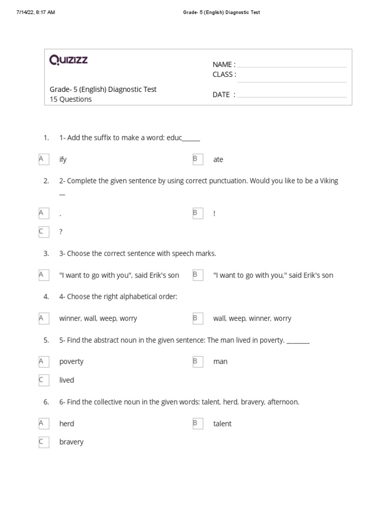 Grade - 5 (English) Diagnostic Test | PDF | English Language ...