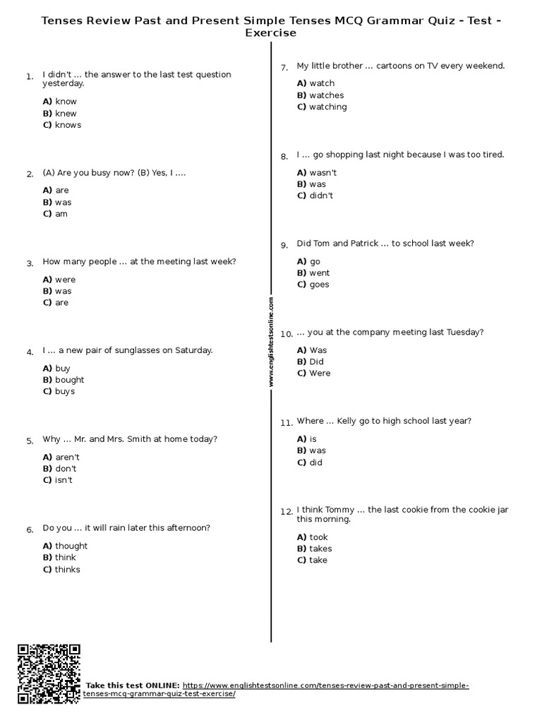 775 - Tenses Review Past and Present Simple Tenses MCQ Grammar Quiz ...
