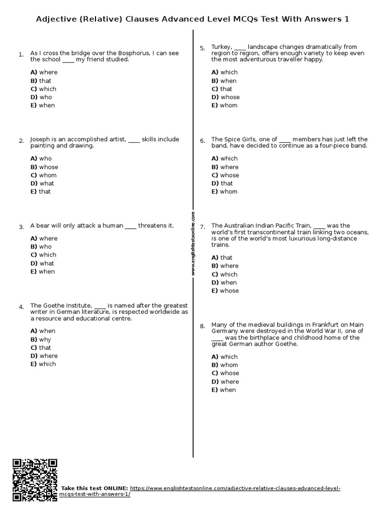 896 - Adjective Relative Clauses Advanced Level Mcqs Test With Answers ...