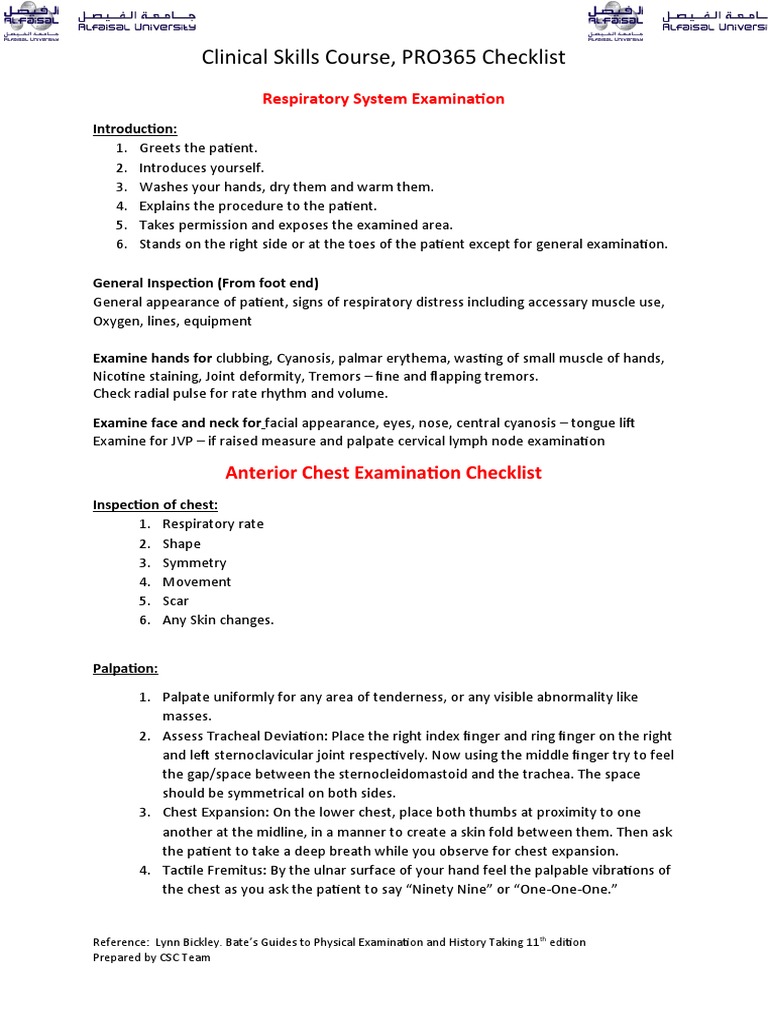Complete Respiratory Examination Checklist 365 | PDF | Hand | Thorax