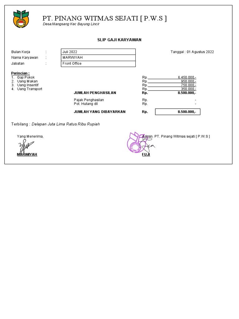 Slip Gaji Karyawan CV, DS1 | PDF