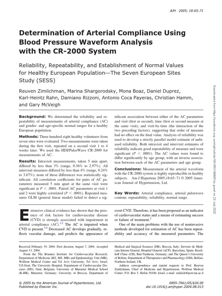 Determination of Arterial Compliance Using Blood Pressure Waveform Analysis With The CR-2000 ...