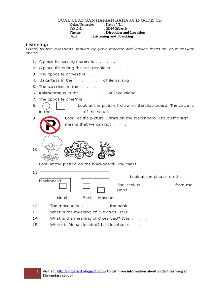 Soal Ulangan Harian Bahasa Inggris SD Theme Direction and Location | PDF