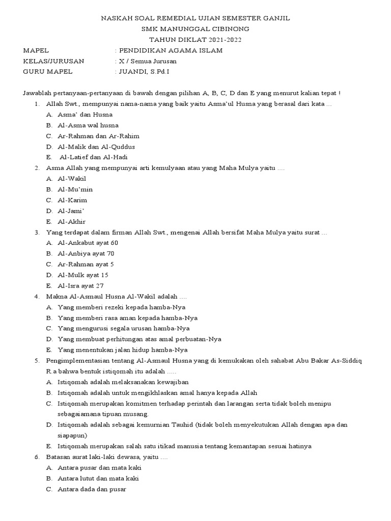 Soal Remedial Pas Pai Kelas X 2021 | PDF