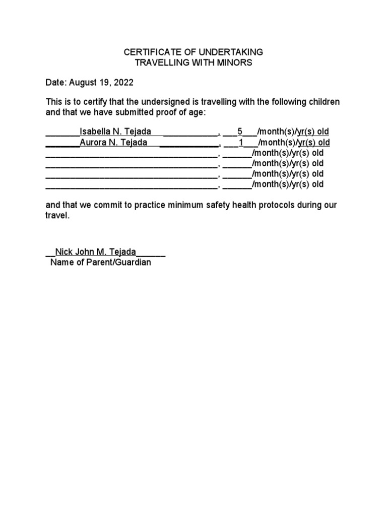 Certificate of Undertaking Travelling With Minors | PDF