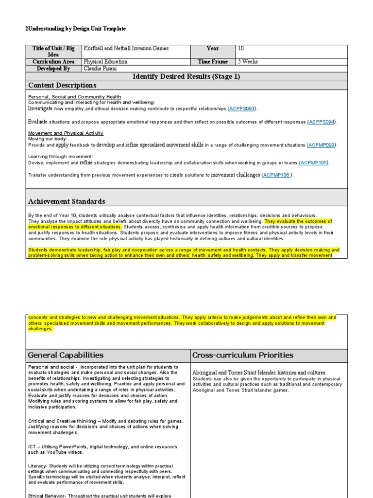 Korfball and Netball Unit Plan | PDF | Educational Assessment ...