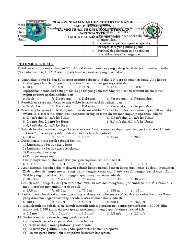 Soal PAS Semester 1 Kelas 10 Fisika Tahun 2021 | PDF