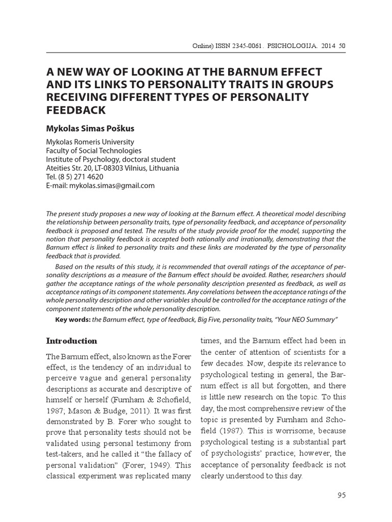 A New Look at the Barnum Effect and Personality | PDF | Behavioural ...