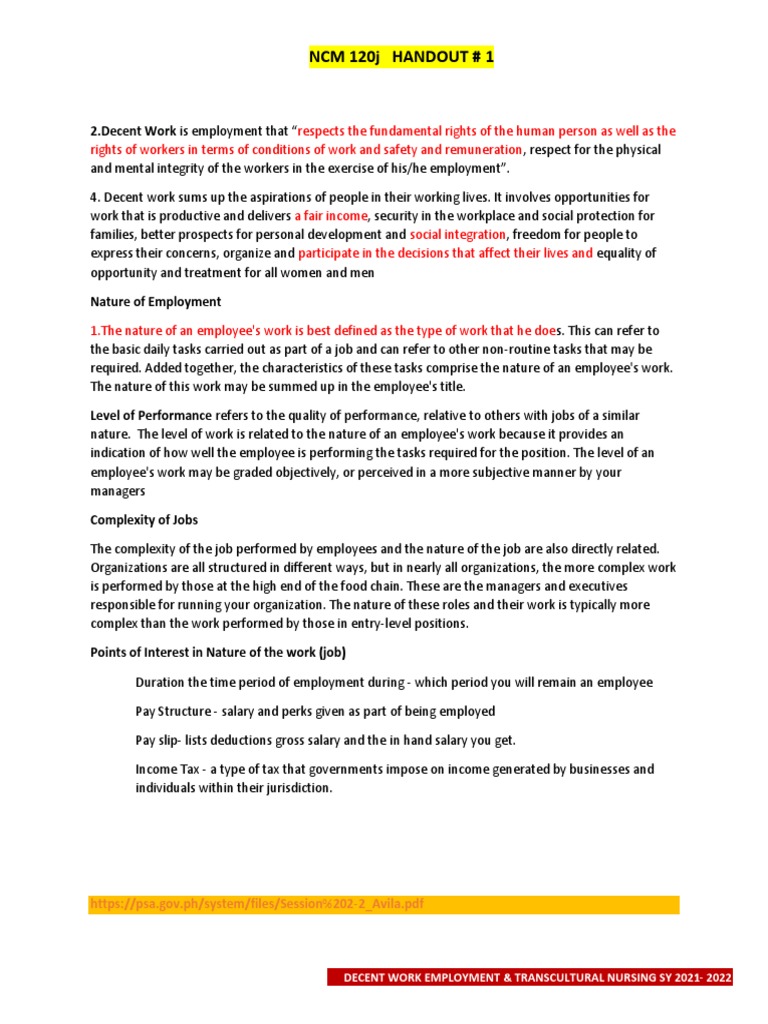 NCM 120J Handout # 1: 2.decent Work Is Employment That " | PDF ...
